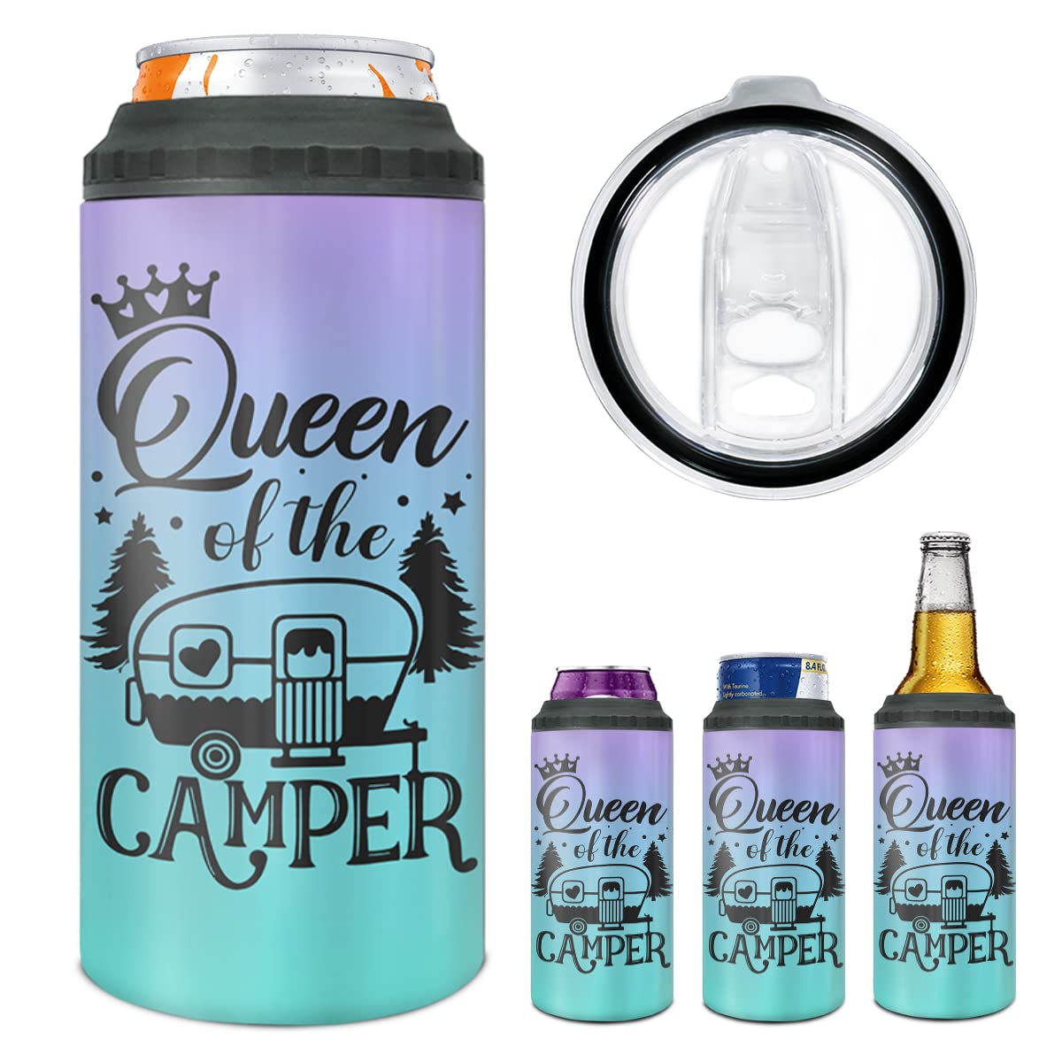 winorax Queen of The Camper Tumbler Can Cooler 4-in-1 Camping Gifts For Campers Woman from Husband Boyfriend Sisters Best Friend Coffee Cup with Lid 16oz Stainless Travel Mug