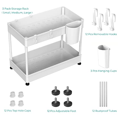 Lovelyduo 3 Pack Under Sink Organizer and Storage, 2 Tier Bathroom Kitchen Undersink Organizers with Hooks, Hanging Cups, Multi-purpose Sink Storage Cabinet White