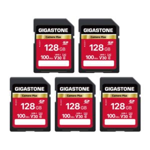 gigastone 128gb 5-pack sd card, camera plus, v30 u3 sdxc memory card high speed uhd video compatible with canon nikon sony panasonic digital camera, with 5 mini case