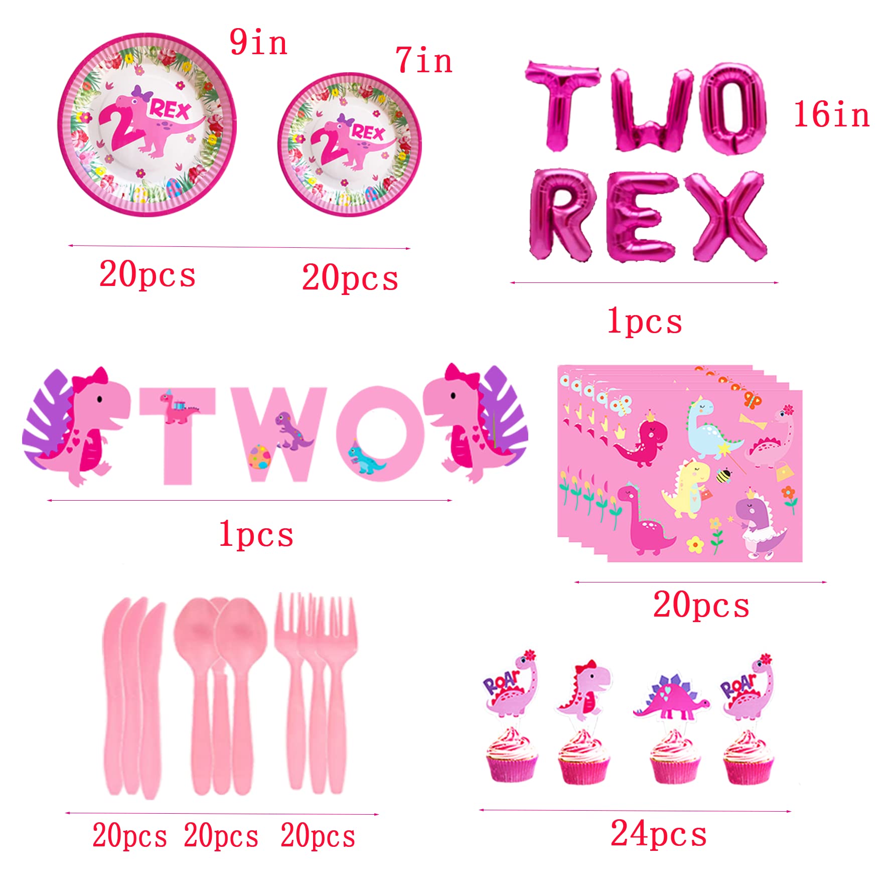 Two Rex Birthday Party Decorations Girl, Pink Dinosaur 2nd Birthday Party Supplies, 2nd Birthday Party Supplies Girl,Pink Dinosaur Birthday Party Supplies