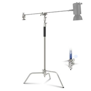 neewer c stand with boom arm pro 100% stainless steel, air cushion heavy duty photography light stand max height 10.8ft/330cm, 4.2ft/128cm holding arm, 2 grip head for monolight softbox reflector