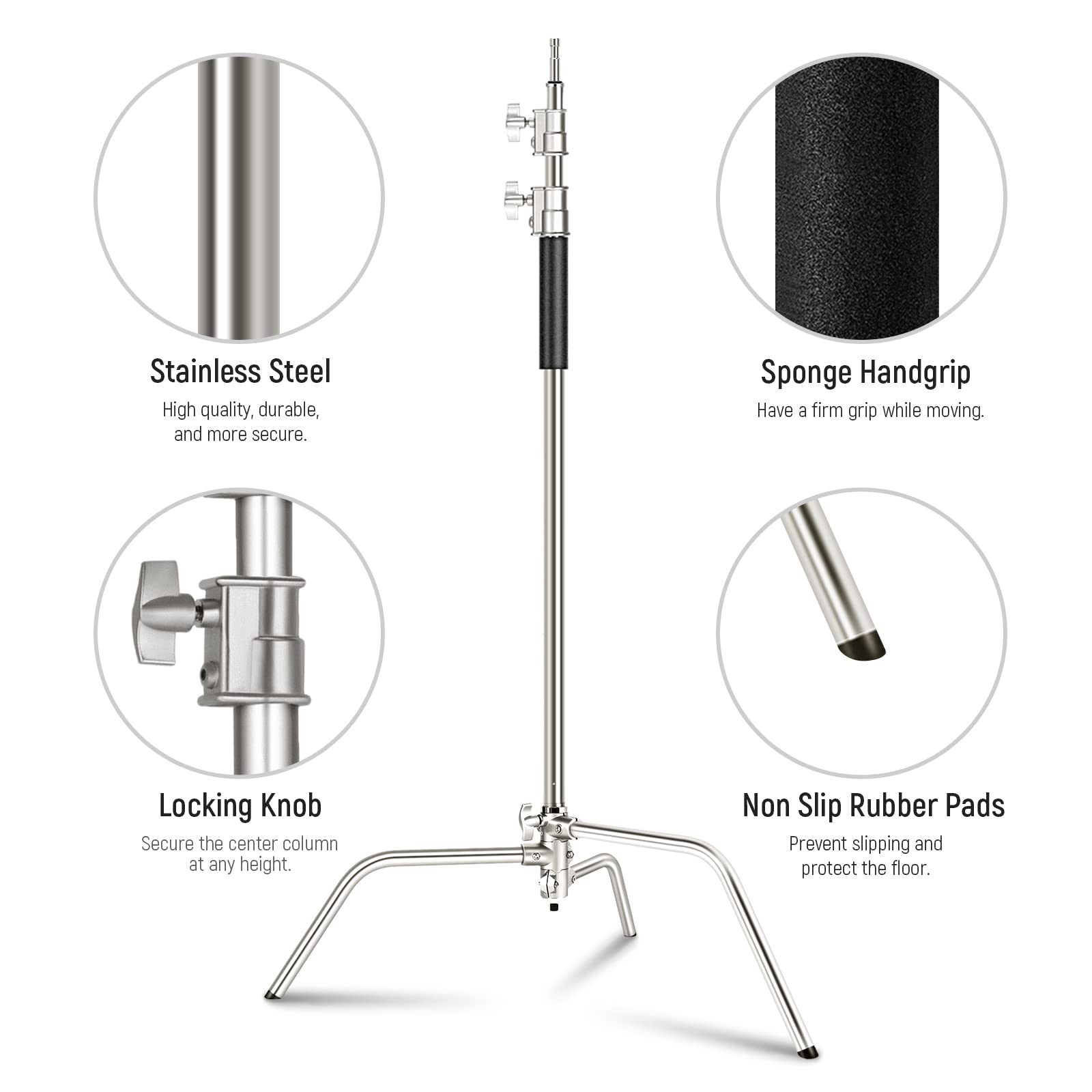 NEEWER C Stand with Boom Arm Pro 100% Stainless Steel, Air Cushion Heavy Duty Photography Light Stand Max Height 10.8ft/330cm, 4.2ft/128cm Holding Arm, 2 Grip Head for Monolight Softbox Reflector