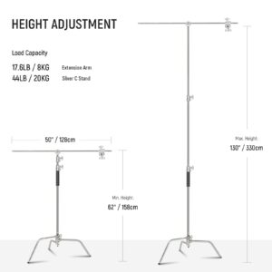 NEEWER C Stand with Boom Arm Pro 100% Stainless Steel, Air Cushion Heavy Duty Photography Light Stand Max Height 10.8ft/330cm, 4.2ft/128cm Holding Arm, 2 Grip Head for Monolight Softbox Reflector