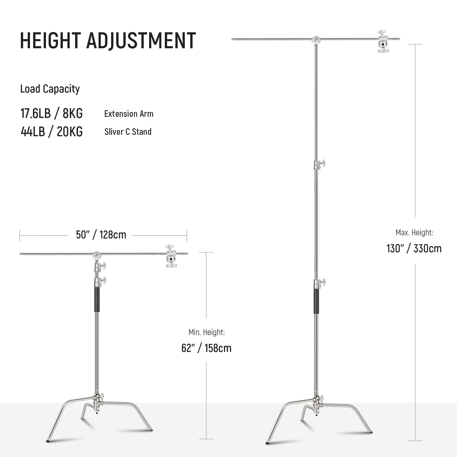 NEEWER C Stand with Boom Arm Pro 100% Stainless Steel, Air Cushion Heavy Duty Photography Light Stand Max Height 10.8ft/330cm, 4.2ft/128cm Holding Arm, 2 Grip Head for Monolight Softbox Reflector