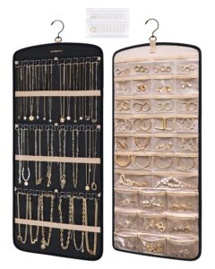 bagsmart hanging jewelry organizer, necklace holder anti-tangle earrings rings hanger with 20 jewelry bags travel storage roll with pockets hang on closet, wall, door,1 piece, large, black