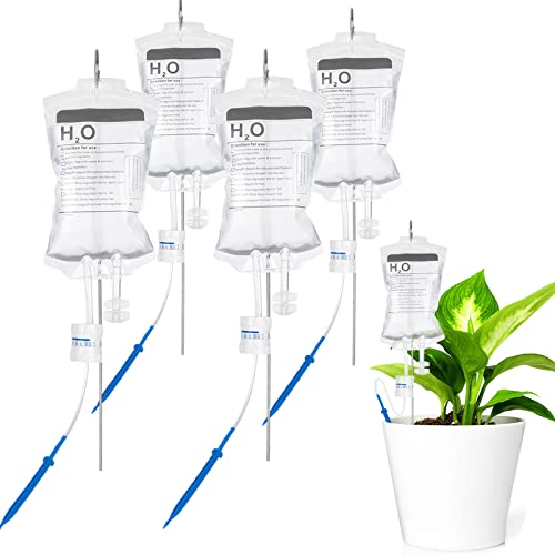 4Pcs Plant Drip Irrigation Bag, Plant Self Automatic Plant Watering System 350ml Watering Bag, with Metal Support Rod Self Watering Devices Small Funnel and Adjustable Valve Switch, for Indoor Outdoor