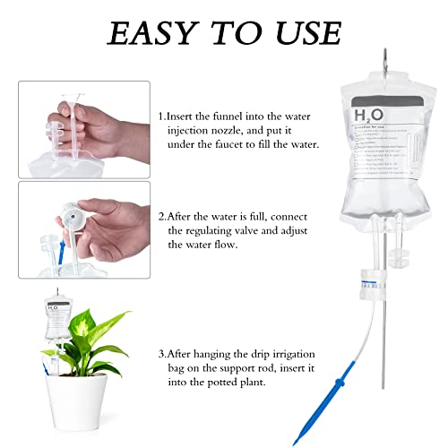 4Pcs Plant Drip Irrigation Bag, Plant Self Automatic Plant Watering System 350ml Watering Bag, with Metal Support Rod Self Watering Devices Small Funnel and Adjustable Valve Switch, for Indoor Outdoor