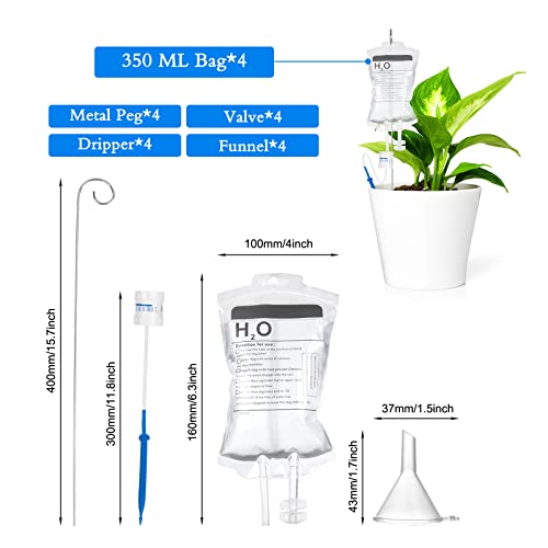 4Pcs Plant Drip Irrigation Bag, Plant Self Automatic Plant Watering System 350ml Watering Bag, with Metal Support Rod Self Watering Devices Small Funnel and Adjustable Valve Switch, for Indoor Outdoor