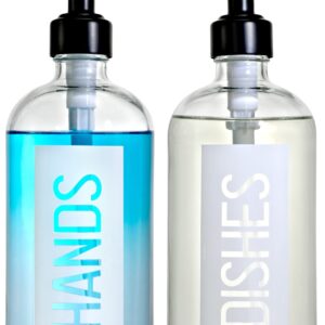 JASAI 2Pack 18OZ Clear Glass Soap Dispenser With Matte Black Pump, Kitchen Soap Dispenser with HANDS&DISHES Label, Modern Dish Soap Dispenser for kitchen Sink to Fill Hand Dish Soap Lotion (White&Blk)