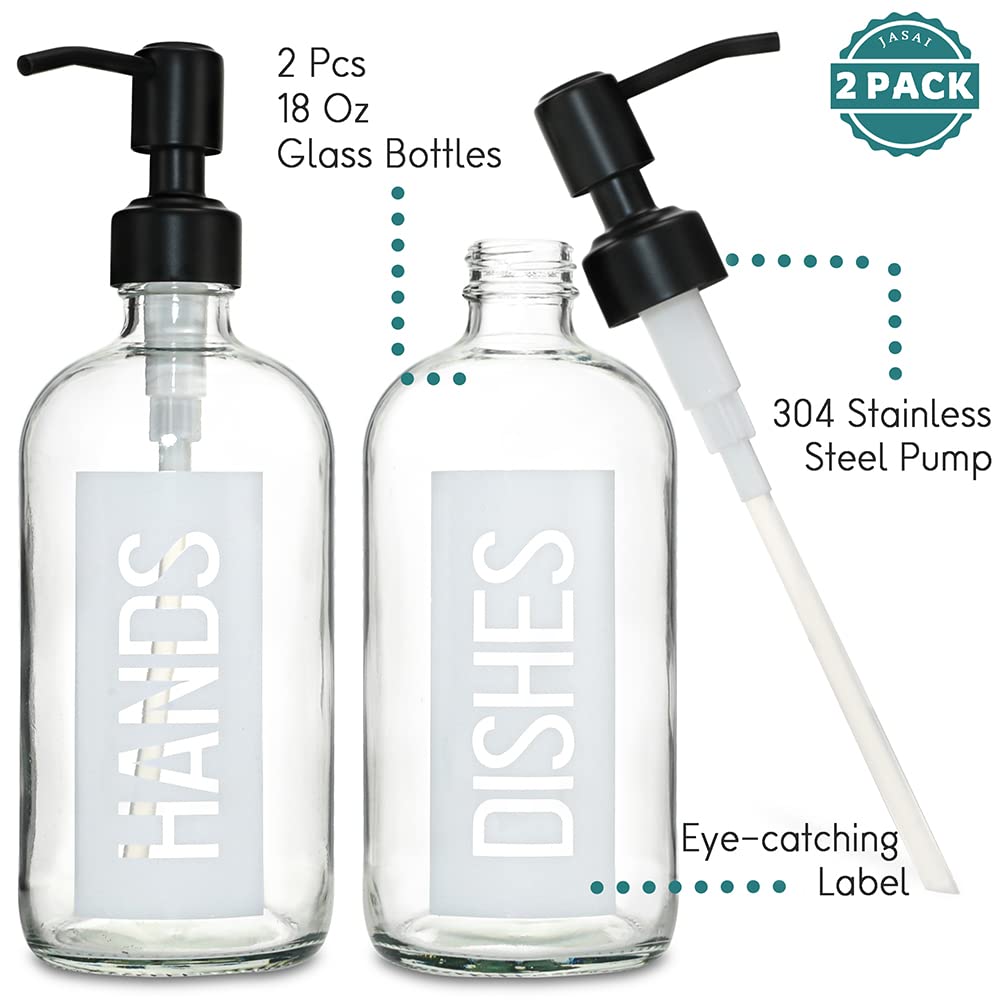 JASAI 2Pack 18OZ Clear Glass Soap Dispenser With Matte Black Pump, Kitchen Soap Dispenser with HANDS&DISHES Label, Modern Dish Soap Dispenser for kitchen Sink to Fill Hand Dish Soap Lotion (White&Blk)