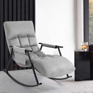 zjhome velvet accent folding rocking recliner chair nursery with side pocket adjustable high back & foot rest, comfortable upholstered nursing glider rocker armchair for living room, bedroom(gray)