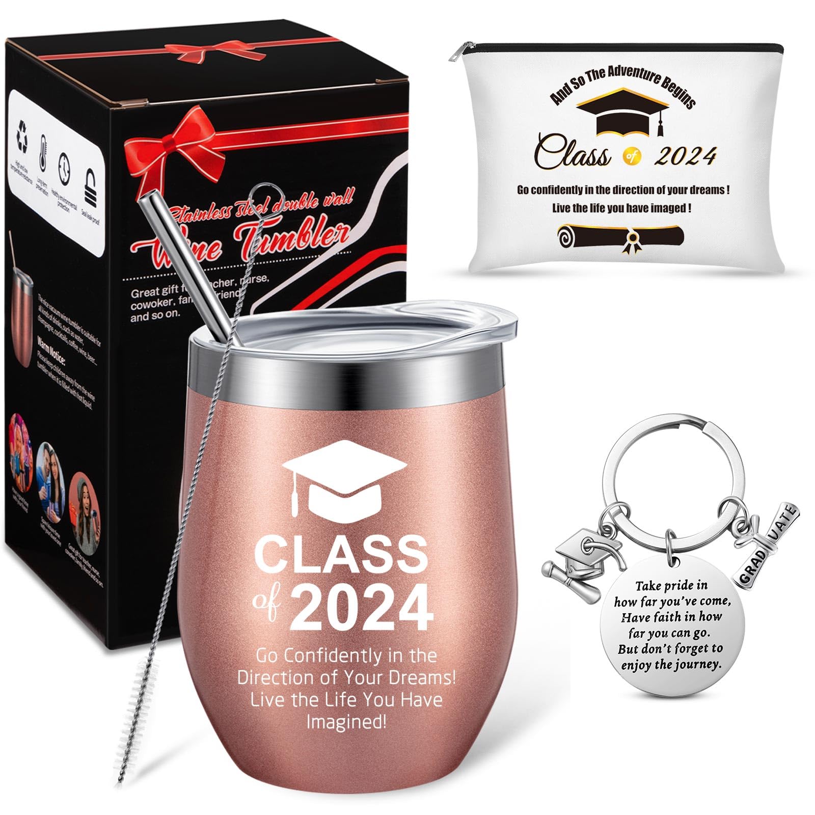 Patelai Class of 2024 Gifts for Graduates 2024, Ideal Graduation Gifts for Her Him High School College Graduation Daughter Friends Graduation 12oz Wine Tumbler, Keychain, Bag (Rose Gold,3 Pcs)