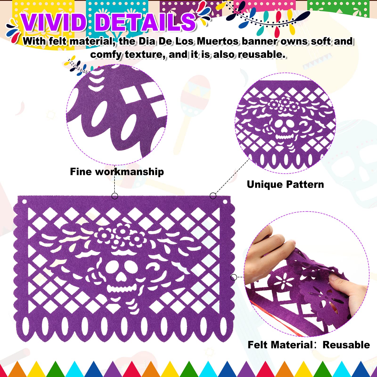 Oudain 10 Pack Fiesta Party Decoration Mexican Party Banners 164 Ft Felt Cinco de Mayo Papel Picado Banner for Mexican Theme Day of The Dead Dia De Los Muertos Party Supplies