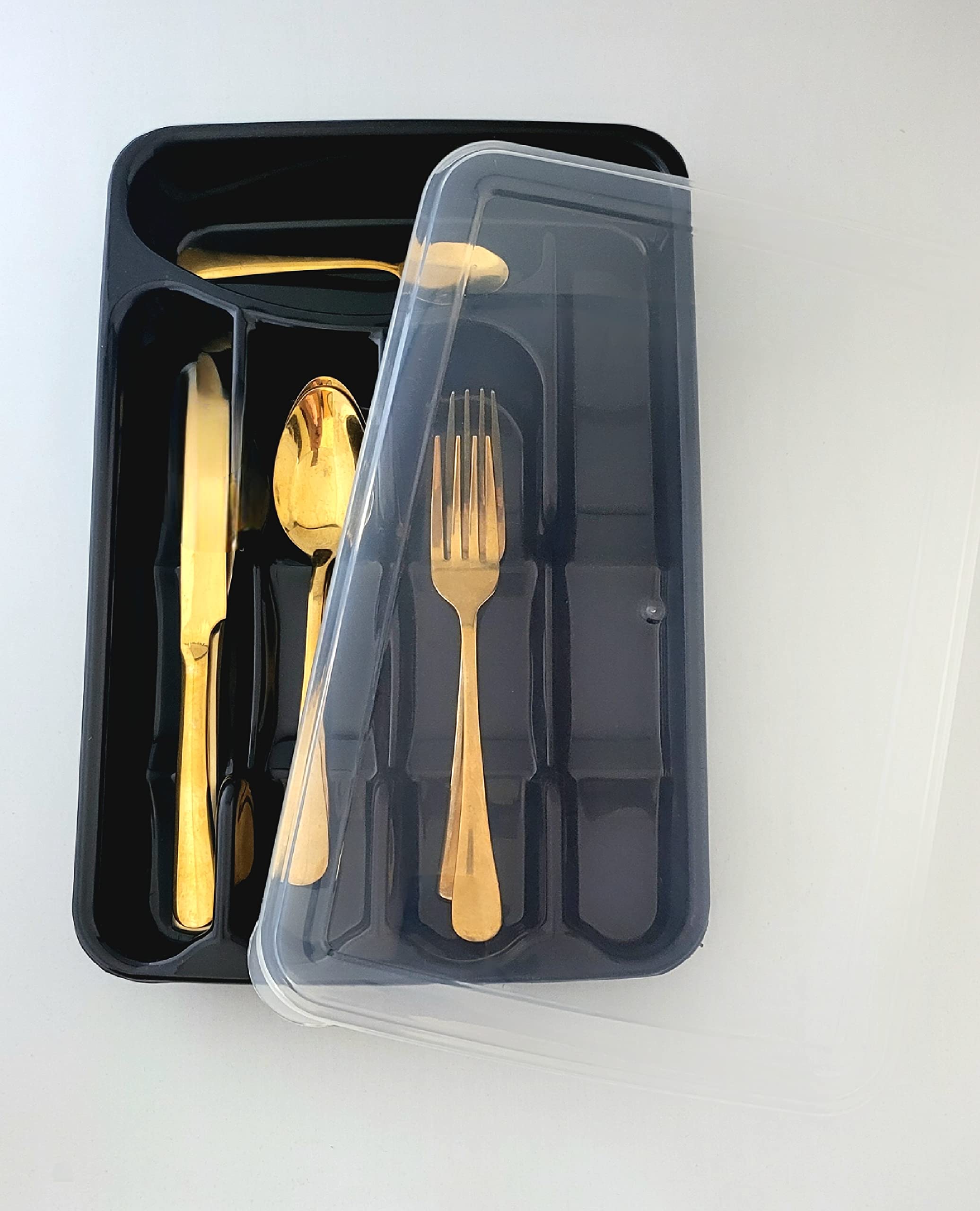 Utensil and Silverware Organizer tray for drawer with cover -Cutlery Flatware Organizer with lid - for kitchen drawer, BBQ, picnic, Covered flatware tray,5 Compartments - Plastic (BLACK)