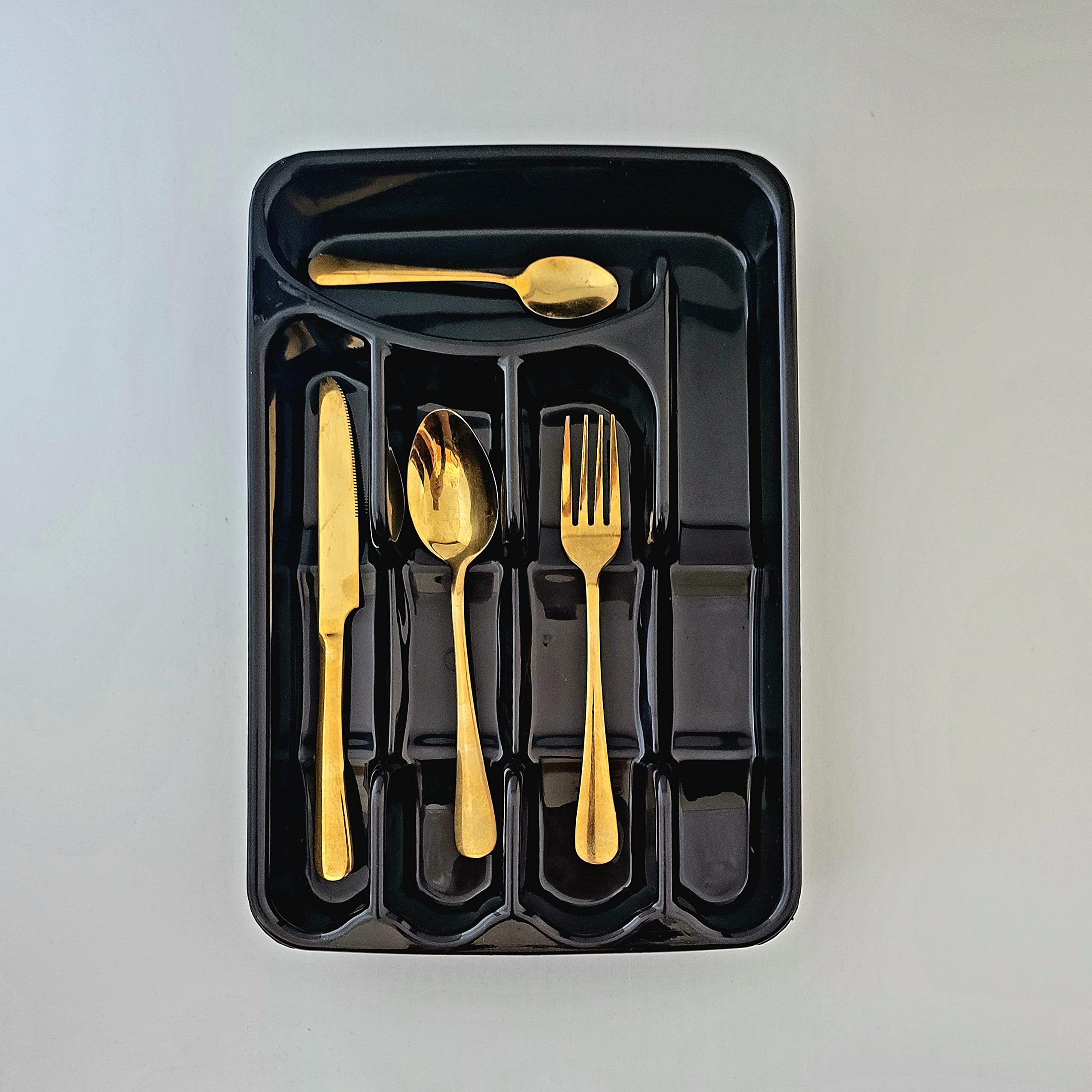 Utensil and Silverware Organizer tray for drawer with cover -Cutlery Flatware Organizer with lid - for kitchen drawer, BBQ, picnic, Covered flatware tray,5 Compartments - Plastic (BLACK)