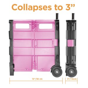 Inspired Living Ultra-Slim Rolling Collapsible Storage Pack-N-Roll Utility-carts, with Telescopic Handle, for Home, Garden, Shopping, Office, School use, Large, Pink & Black