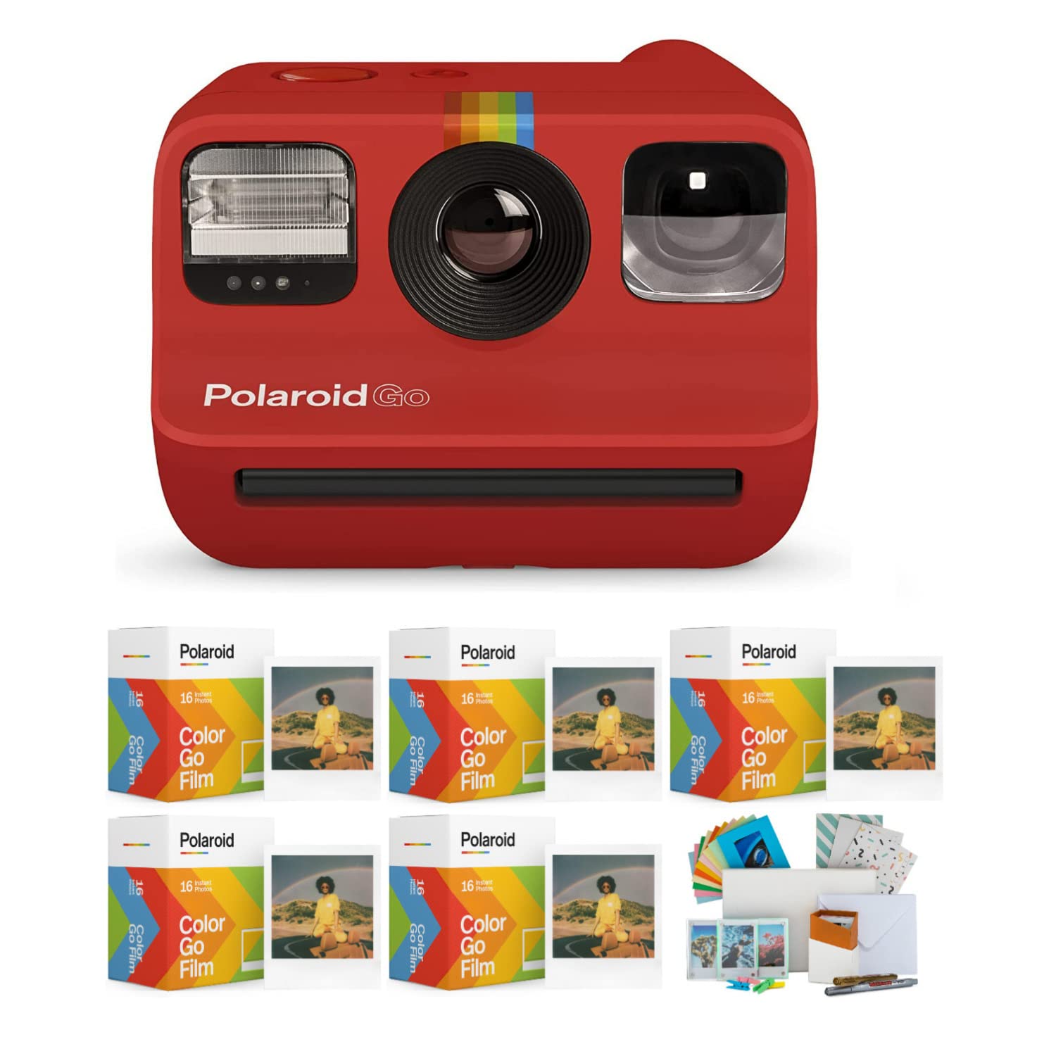 Polaroid GO Instant Mini Self-Timer Portable Camera (Red) Bundle with GO Color Film - 5 Twin Packs, and Instax Film Kit with 3 Magnetic and 10 Hanging Frames and Storage Box (7 Items)