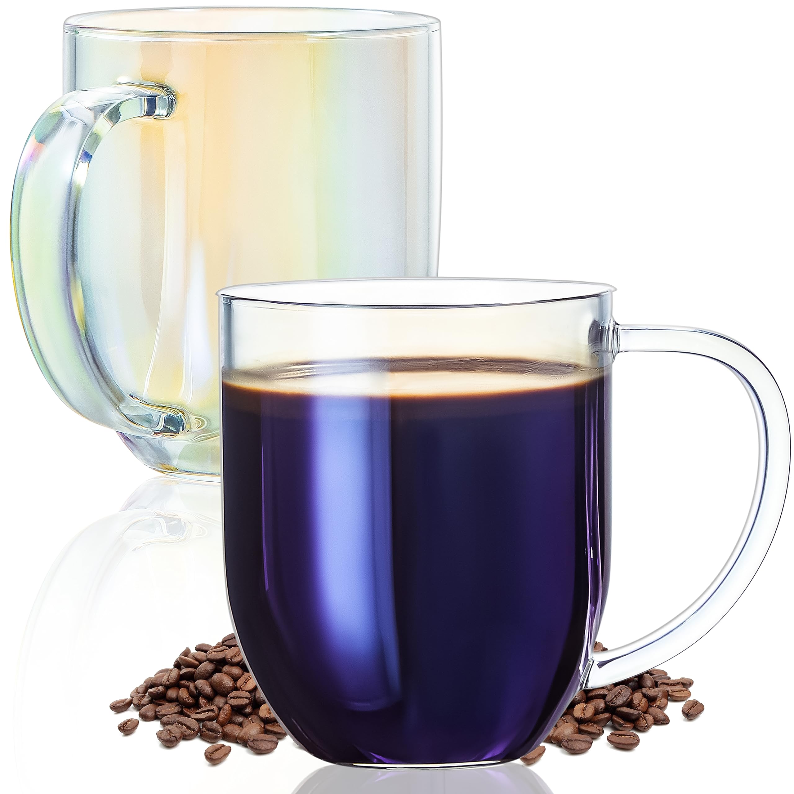 Aquach Glass Coffee Mug 15 oz Set of 2, Colorful Cup with Handle for Hot/Cold Beverage, Thicker Quality