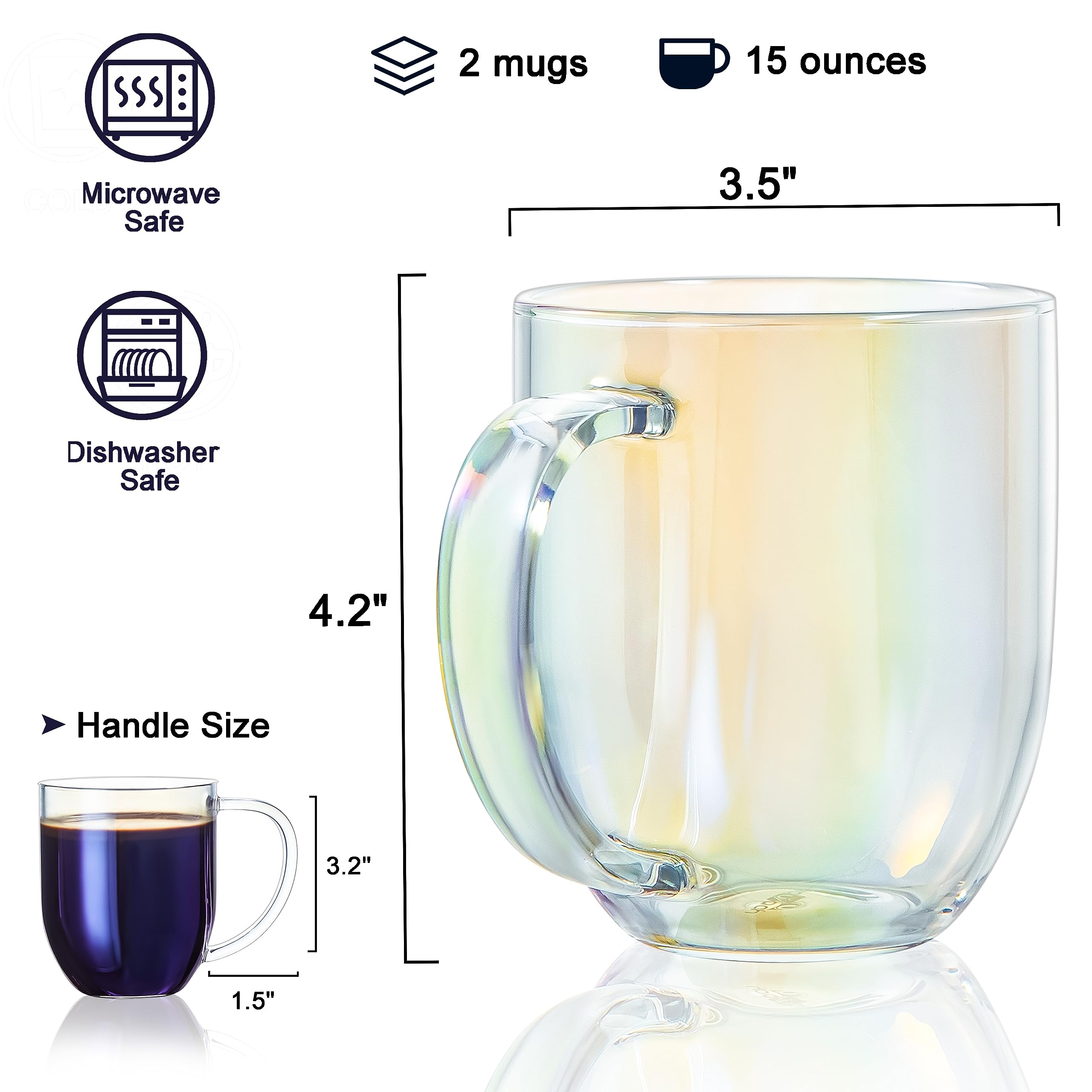 Aquach Glass Coffee Mug 15 oz Set of 2, Colorful Cup with Handle for Hot/Cold Beverage, Thicker Quality