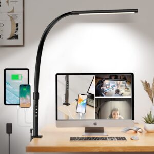 desk lamp for home office, eye-caring led desk lamp with usb c+a charging port, architect desk light 5 lighting 5 brightness, flexible gooseneck clamp for reading study