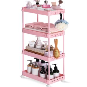 kingrack 4 tier rolling utility cart with adjustable dividers,multi-purpose storage craft art cart trolley organizer,slide out mobile trolley or bedroom bathroom kid's room laundry room,pink