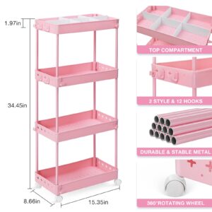 KINGRACK 4 Tier Rolling Utility Cart with Adjustable Dividers,Multi-Purpose Storage Craft Art Cart Trolley Organizer,Slide Out Mobile Trolley or Bedroom Bathroom Kid's Room Laundry Room,Pink