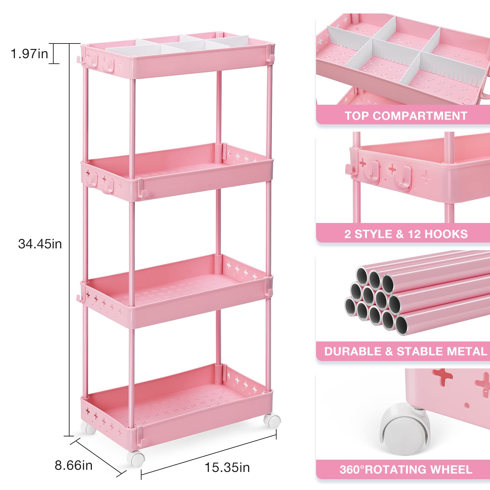 KINGRACK 4 Tier Rolling Utility Cart with Adjustable Dividers,Multi-Purpose Storage Craft Art Cart Trolley Organizer,Slide Out Mobile Trolley or Bedroom Bathroom Kid's Room Laundry Room,Pink