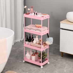 KINGRACK 4 Tier Rolling Utility Cart with Adjustable Dividers,Multi-Purpose Storage Craft Art Cart Trolley Organizer,Slide Out Mobile Trolley or Bedroom Bathroom Kid's Room Laundry Room,Pink