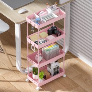 KINGRACK 4 Tier Rolling Utility Cart with Adjustable Dividers,Multi-Purpose Storage Craft Art Cart Trolley Organizer,Slide Out Mobile Trolley or Bedroom Bathroom Kid's Room Laundry Room,Pink