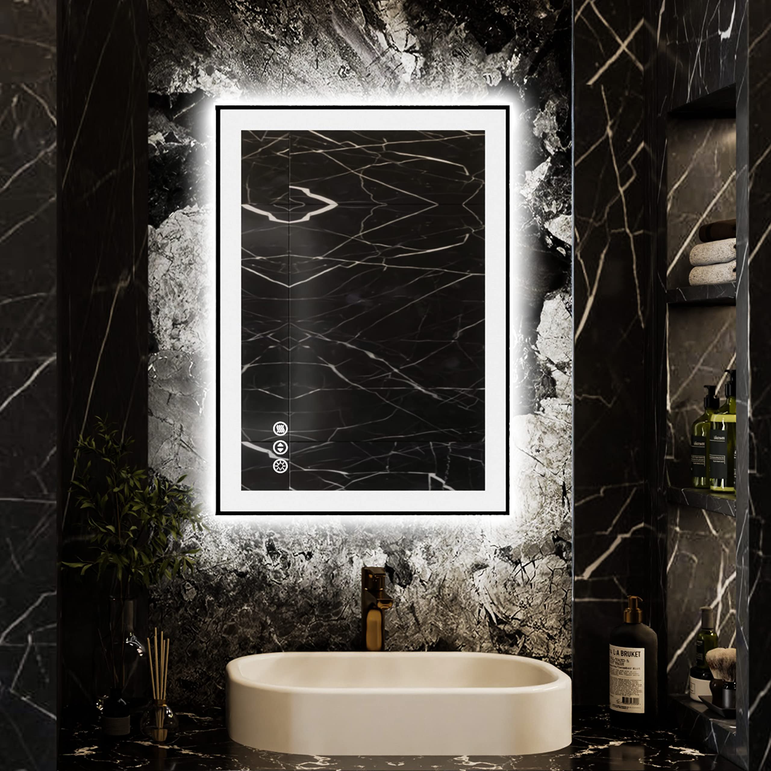 ISKM Framed LED Bathroom Mirror 20x28 Inch, Backlit and Front Lighted Dimmable Anti-Fog Wall Mounted Vanity Mirror, Memory Function, Shatterproof and Waterproof