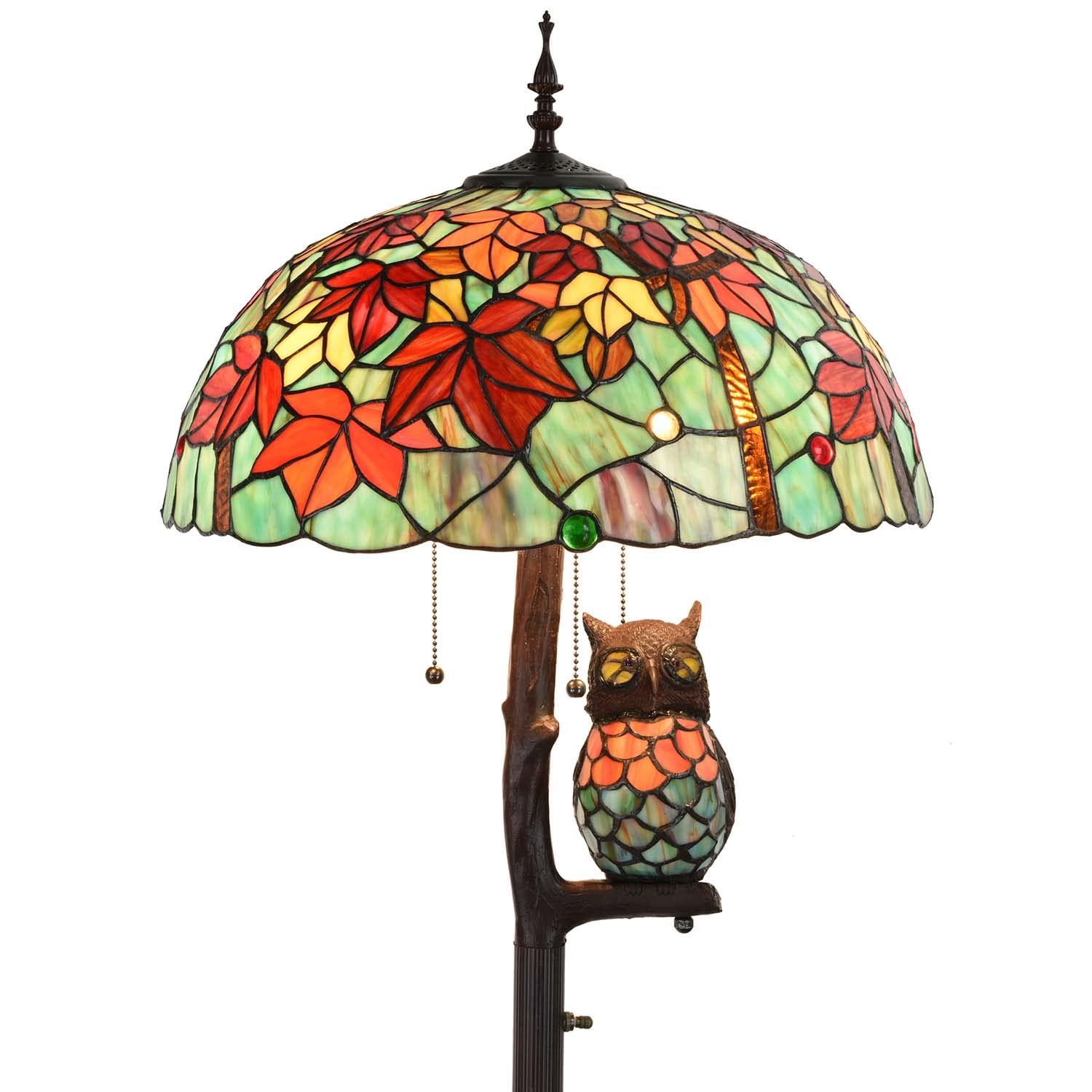 Bieye L10841 Maple Tree Leaves Tiffany Style Stained Glass Floor Lamp with 18 inches Wide Lampshade, Owl Side Lamp, 4-Light, 65 inches Tall