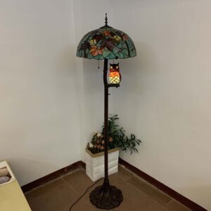 Bieye L10841 Maple Tree Leaves Tiffany Style Stained Glass Floor Lamp with 18 inches Wide Lampshade, Owl Side Lamp, 4-Light, 65 inches Tall