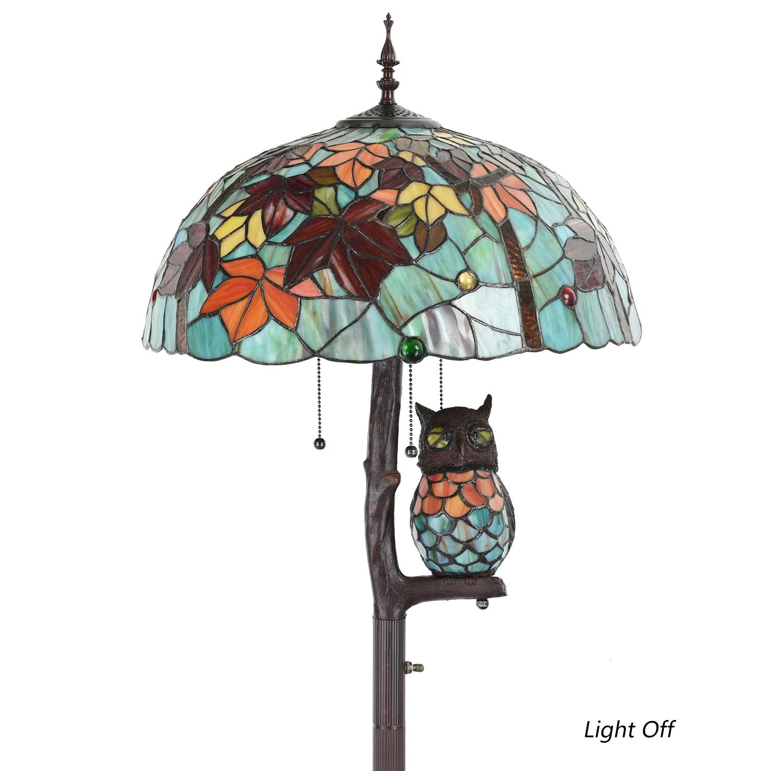 Bieye L10841 Maple Tree Leaves Tiffany Style Stained Glass Floor Lamp with 18 inches Wide Lampshade, Owl Side Lamp, 4-Light, 65 inches Tall