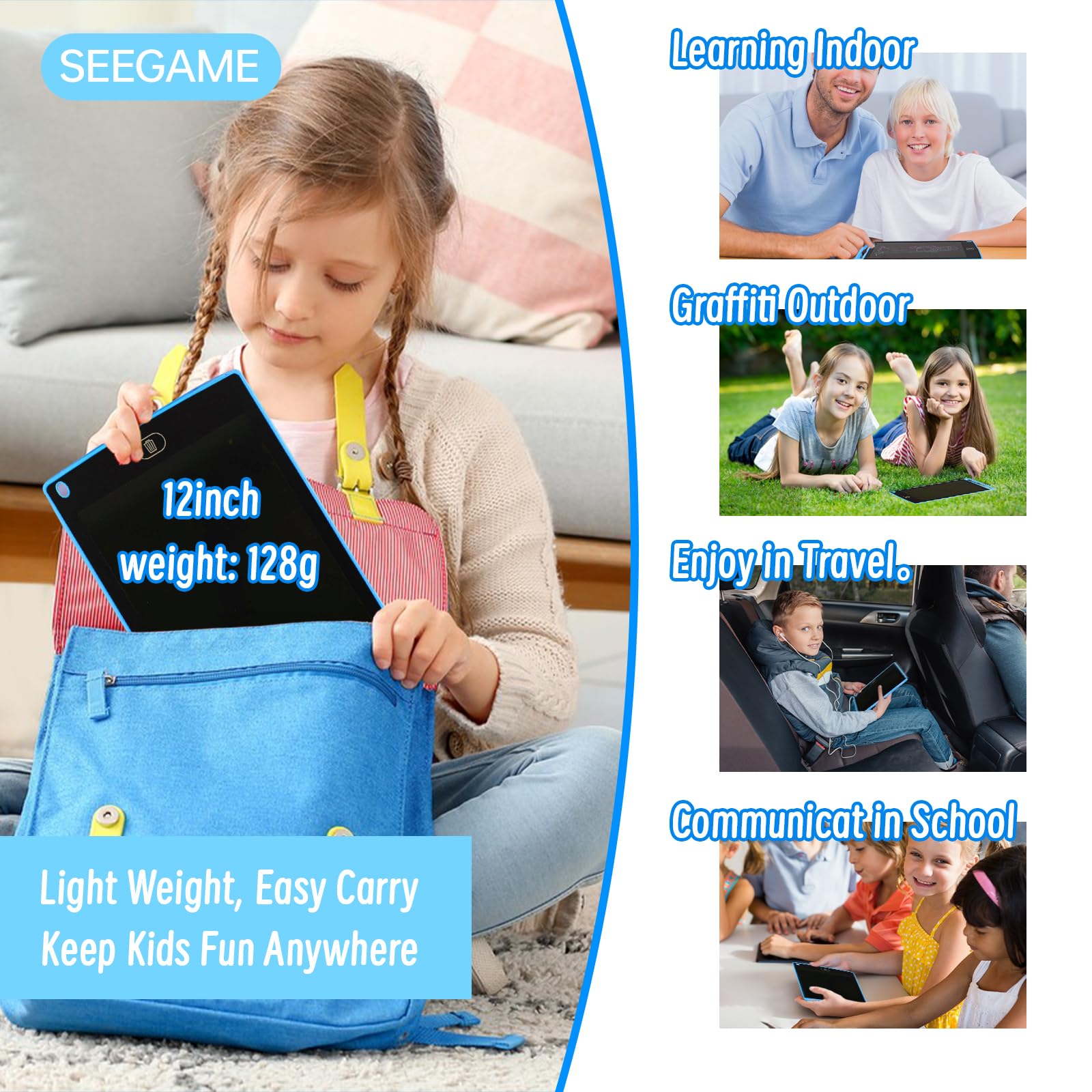 SEEGAEM LCD Writing Tablet for Kids, 12 inch Colorful Electronic Drawing Pads, Erasable Reusable Learning Tablet Toddler Doodle Board, Educational Learning Toy for 3-8 Years Old, Kids Gifts(Blue)