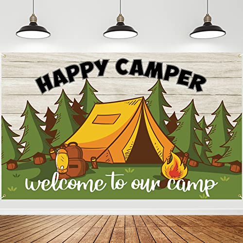 Roetyce Camping Themed Party Decorations Happy Camper Banner Backdrop 5.9 x 3.6 Ft, Outdoor/Indoor Family Camp Gatherings Decor Forest Campfire Photo Background Camping Birthday Party Supplies