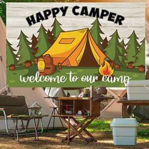 Roetyce Camping Themed Party Decorations Happy Camper Banner Backdrop 5.9 x 3.6 Ft, Outdoor/Indoor Family Camp Gatherings Decor Forest Campfire Photo Background Camping Birthday Party Supplies