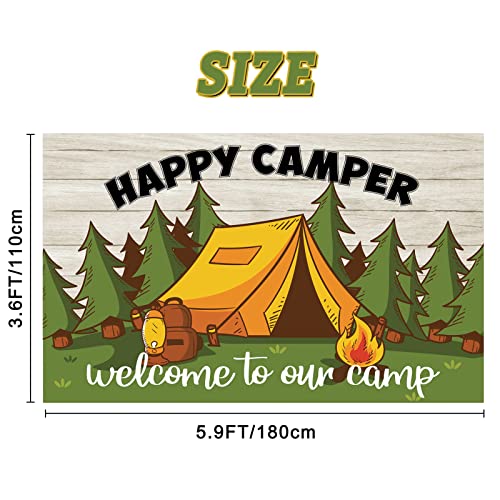 Roetyce Camping Themed Party Decorations Happy Camper Banner Backdrop 5.9 x 3.6 Ft, Outdoor/Indoor Family Camp Gatherings Decor Forest Campfire Photo Background Camping Birthday Party Supplies