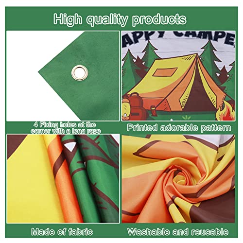 Roetyce Camping Themed Party Decorations Happy Camper Banner Backdrop 5.9 x 3.6 Ft, Outdoor/Indoor Family Camp Gatherings Decor Forest Campfire Photo Background Camping Birthday Party Supplies