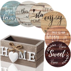 housewarming gifts for home decoration wooden heart coasters for drinks set of 6 farmhouse coasters with holder funny for family friend coffee table protection, 4 inch (brown, multicolored)