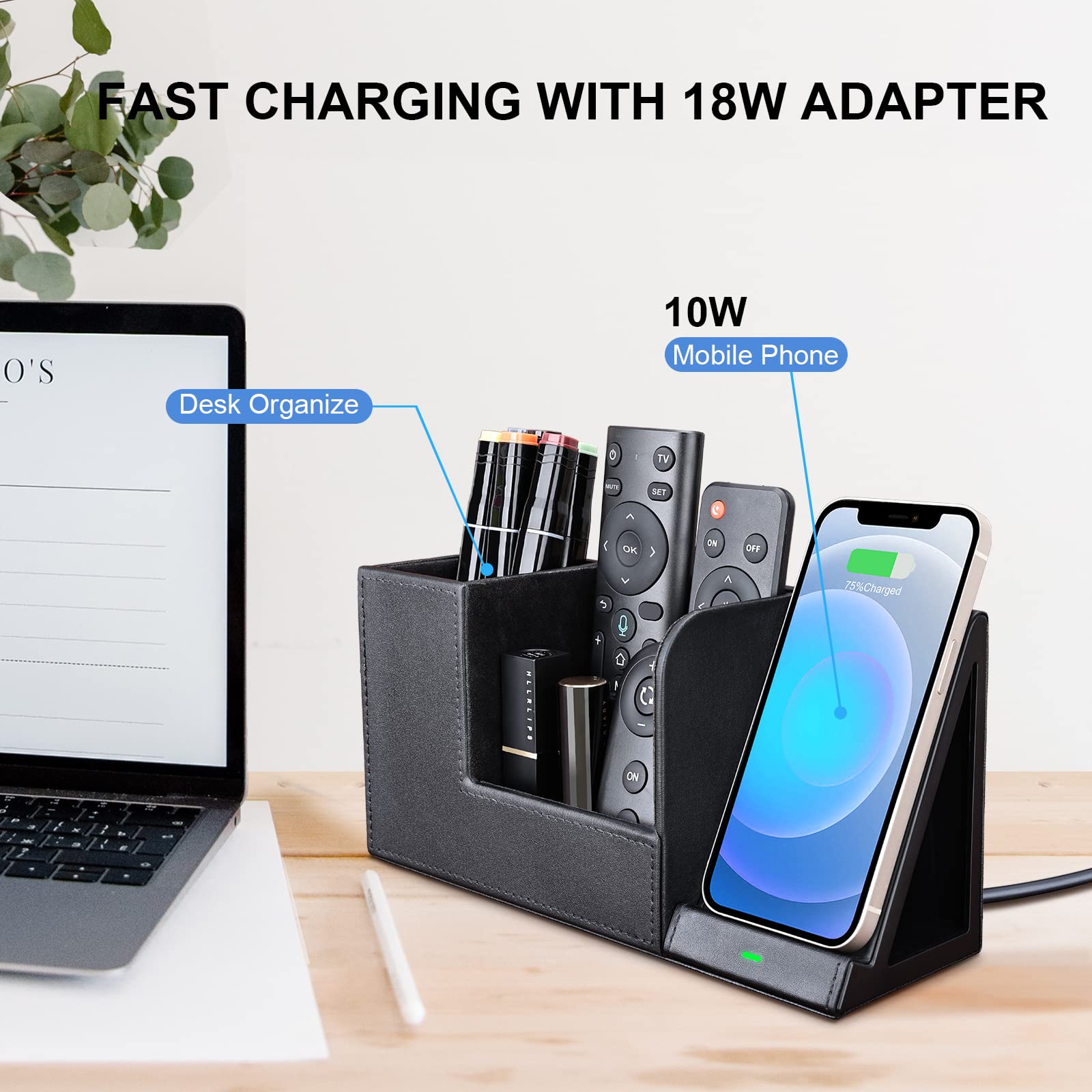 10W Fast Wireless Charger Desk Organizer, Wireless Charging Station for Samsung Galaxy S23/S22/S21/Note 20/Note 10/iPhone 14/14 Pro/13/12, Fast Wireless Charger Stand, Leather