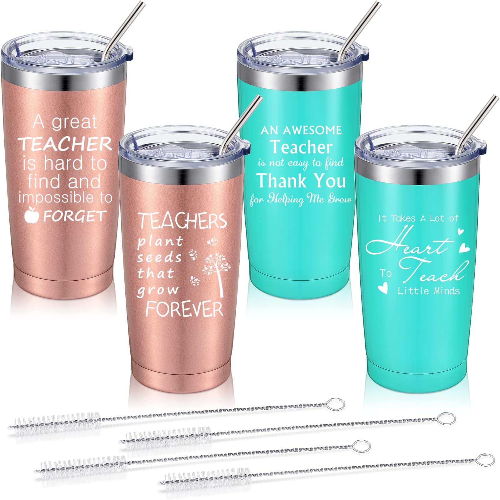 Patelai Teacher Appreciation Gifts 20 oz Teacher Travel Mug Thank You Teacher Gifts Bulk Teacher Tumblers with Lids Straws and Brushes Graduation Gifts for Women Men(Rose Gold, Mint, 4 Pcs)