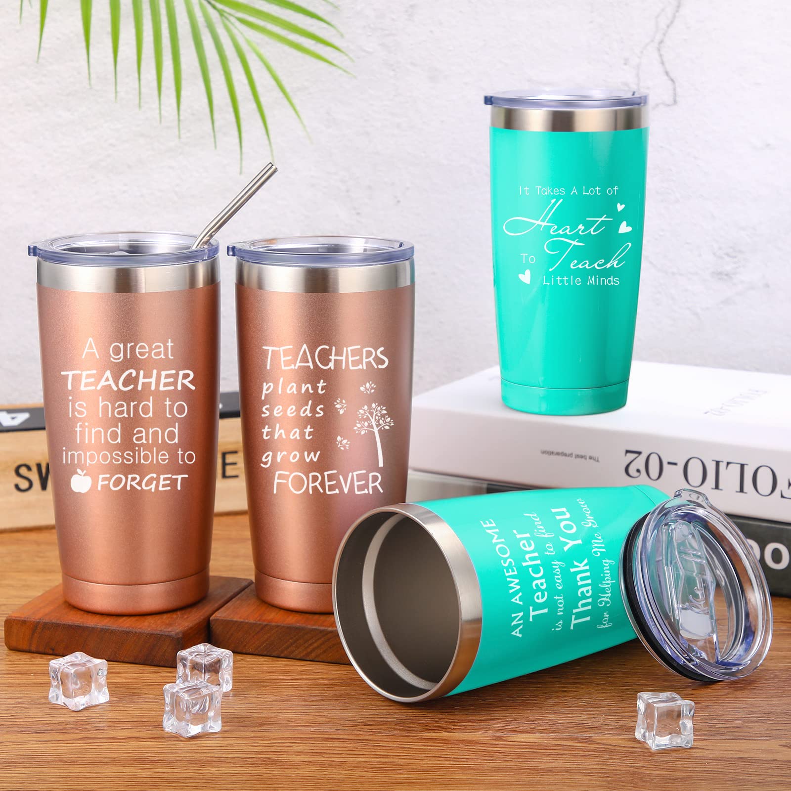 Patelai Teacher Appreciation Gifts 20 oz Teacher Travel Mug Thank You Teacher Gifts Bulk Teacher Tumblers with Lids Straws and Brushes Graduation Gifts for Women Men(Rose Gold, Mint, 4 Pcs)