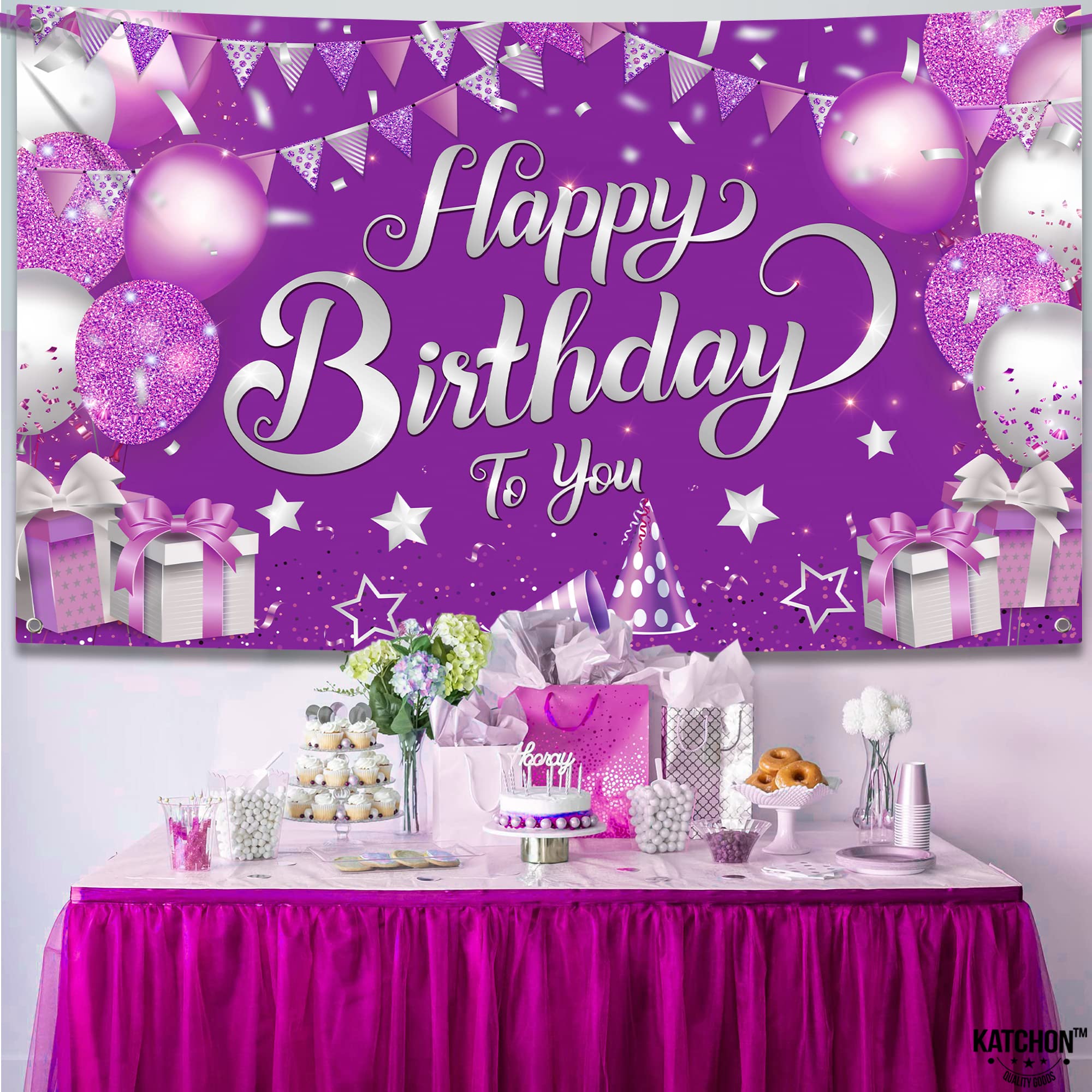 KatchOn, Purple Happy Birthday Banner - XtraLarge, 72x44 Inch | Purple Happy Birthday Banner Decor | Birthday Banner Purple for Happy Birthday Decorations | Happy Birthday Purple Banner Decorations