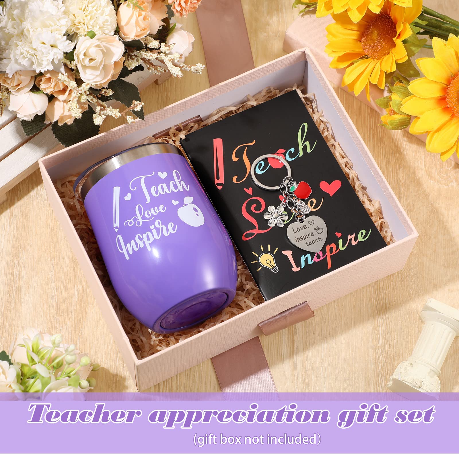 12 Pcs Teacher Appreciation Week Gifts in Bulk for Women, Teach Love Inspire Tumbler Set 12 oz Wine Cup with Mini Journal Notepads Keychains Teachers Day Gifts Graduation Retirement Gifts(Purple)