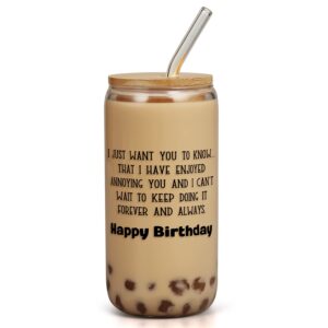 birthday gifts for women men - funny friendship gift for best friend sister - happy birthday gift for her girlfriend wife female - bday present for him boyfriend husband - 16oz cute coffee glass cup