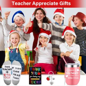 Didaey Teacher Appreciation Gifts for Women 12 oz Pink Wine Tumbler with Lid Straw Teacher Keychains Teacher off Duty Socks Teacher Appreciation Cards(Stylish Style)