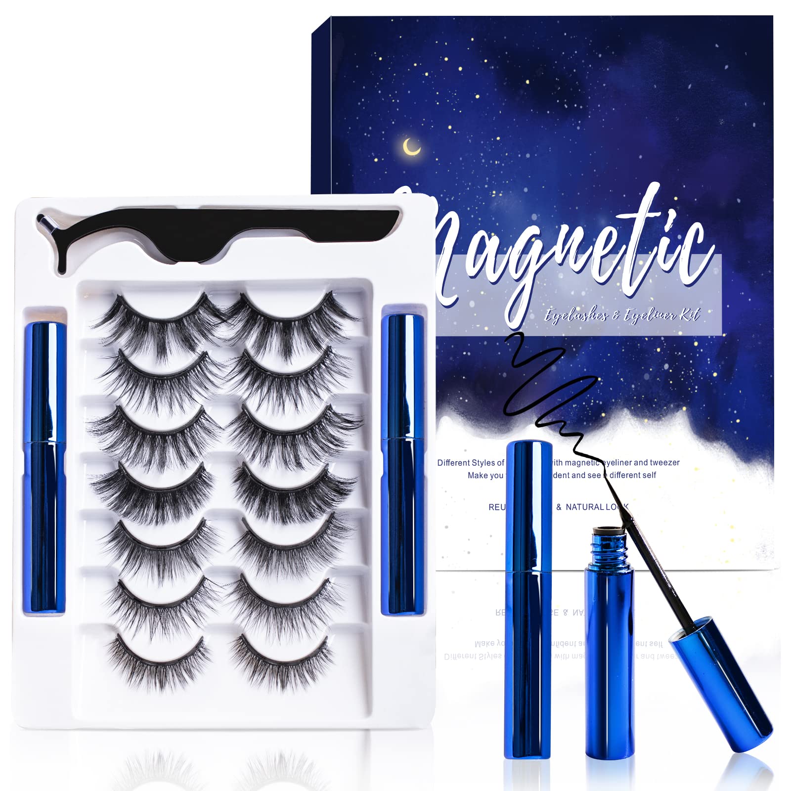 Magnetic Eyelashes and Eyeliner Kit, Premium Magnetic Lashes 3D Natural Look with Eyeliner and Tweezers, Lightweight & Sweatproof False Eyelashes No Glue Needed, Easy to Wear and Reusable (7 Pairs)