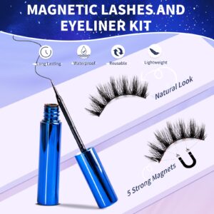 Magnetic Eyelashes and Eyeliner Kit, Premium Magnetic Lashes 3D Natural Look with Eyeliner and Tweezers, Lightweight & Sweatproof False Eyelashes No Glue Needed, Easy to Wear and Reusable (7 Pairs)