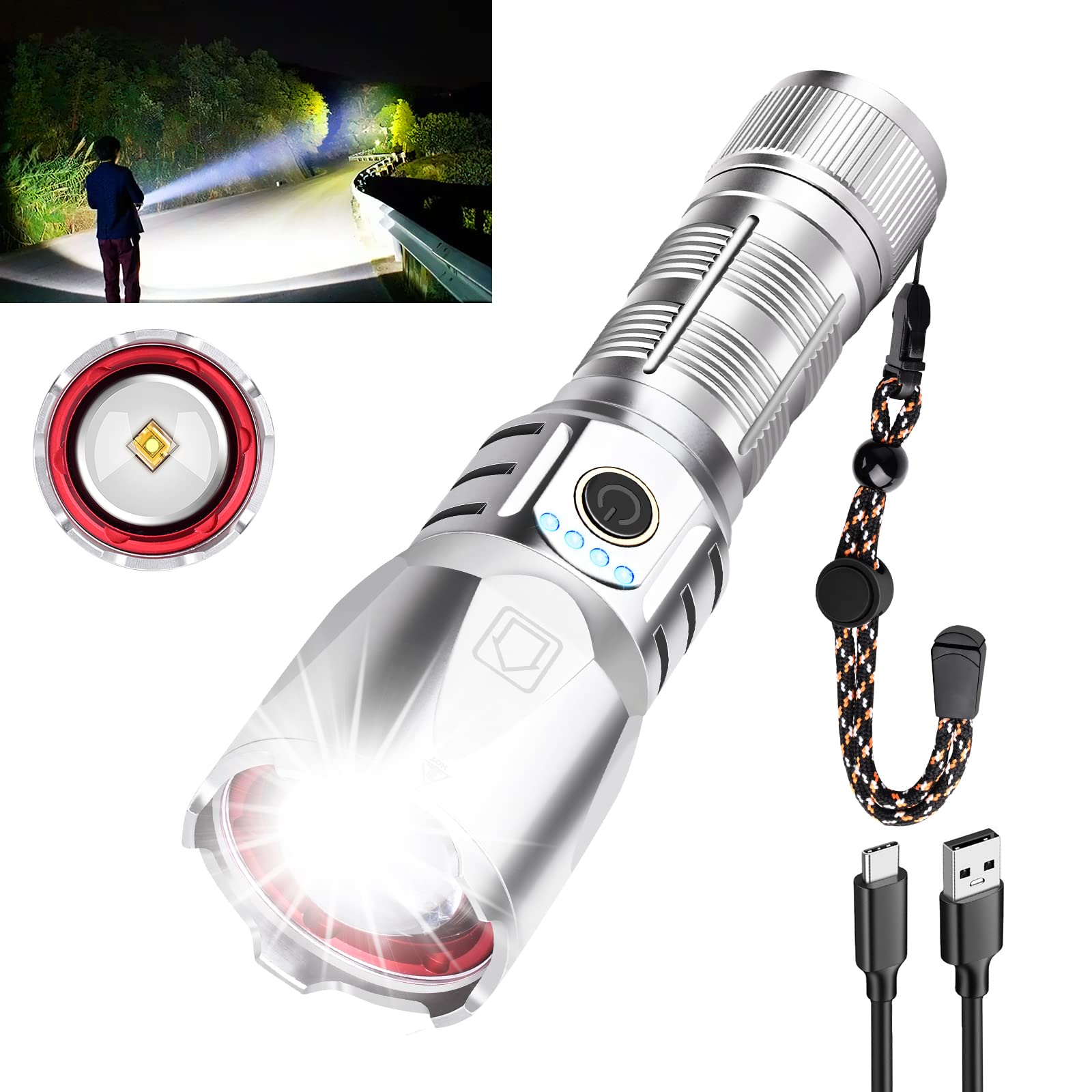 Rechargeable LED Flashlight, Super Bright Flashlight, 10000 High Lumen Flashlight, 5 Modes Zoomable Flashlight, Waterproof Flashlight, for Camping, Outdoor Activities and Emergencies (Black)