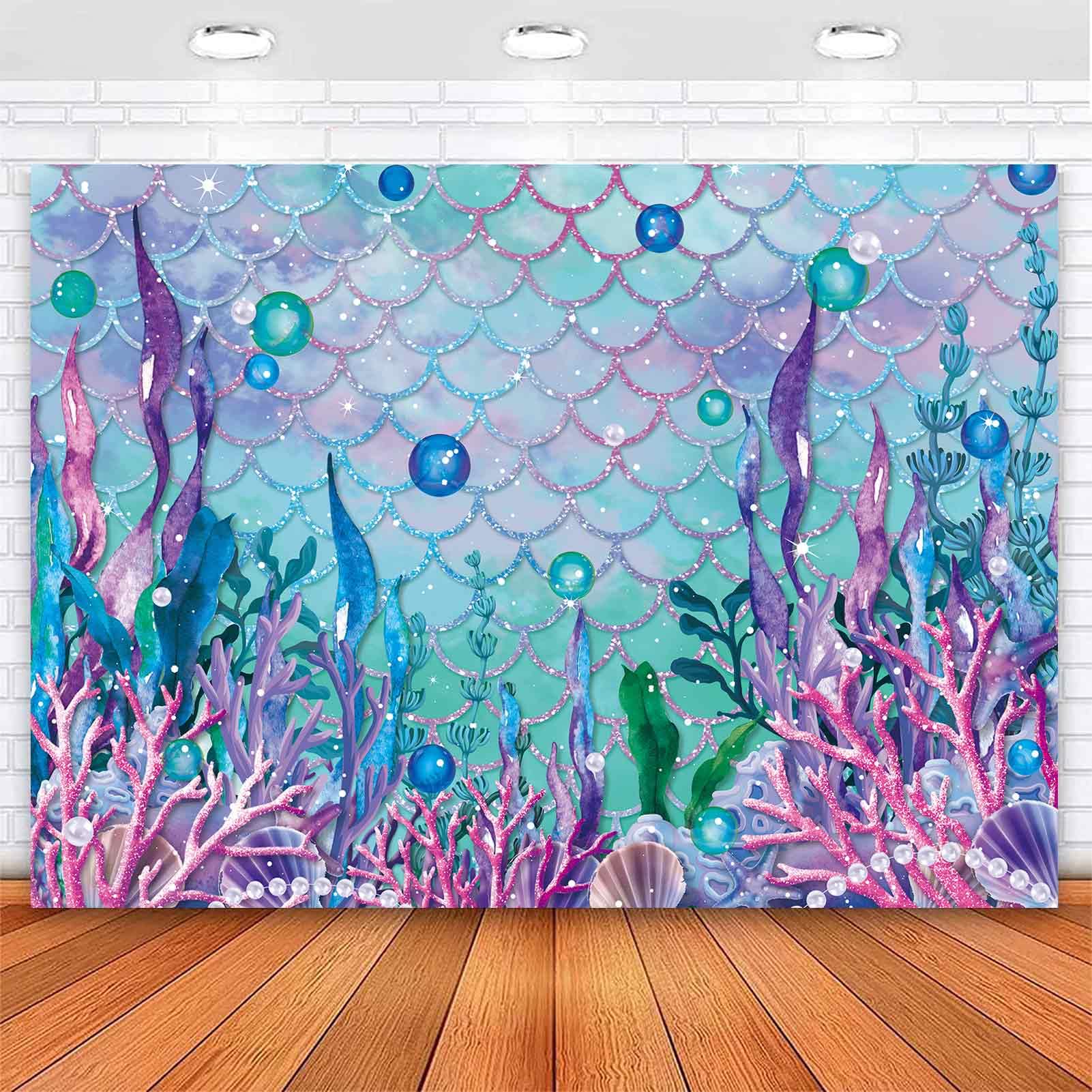 Sensfun Under The Sea Baby Shower Backdrop Purple Blue Seaweed Glitter Scales Underwater Photography Backgrpund Mermaid Birthday Decorations Party Cake Table Banner Photoshoot Vinyl Prop 7x5ft